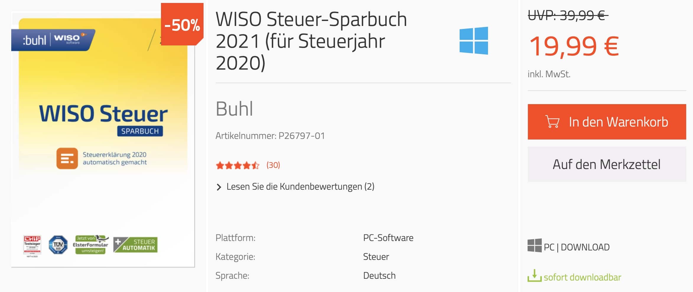 WISO steuer:Sparbuch 2021 (für das Steuerjahr 2020) - MyTopDeals
