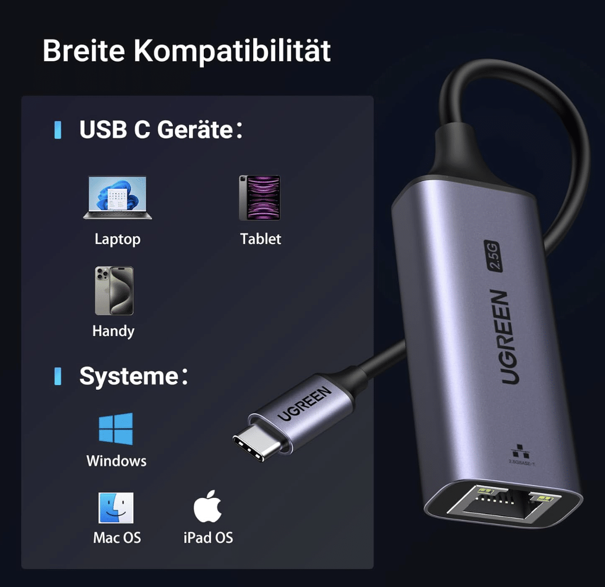 UGREEN USB C 2.5G LAN Adapter Ethernet Adapter 2500Mbps - MyTopDeals